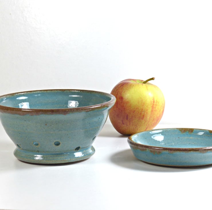 Blue Stoneware Berry Bowl and Standing Dish - Folksy