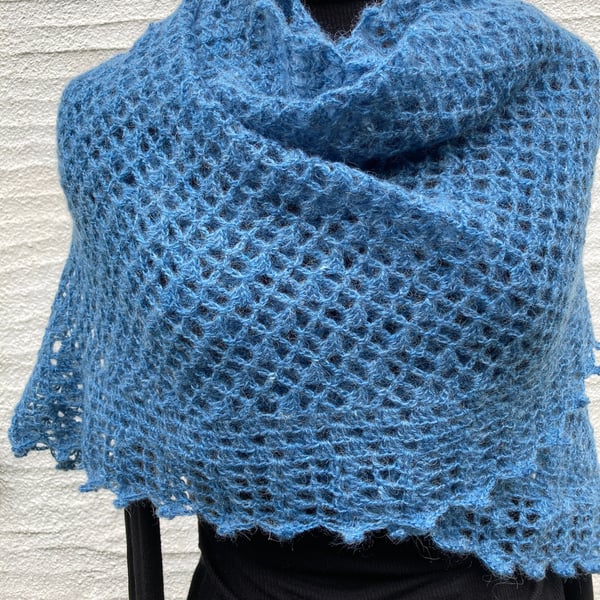 Hand made blue crochet pure wool wrap shawl. - Folksy