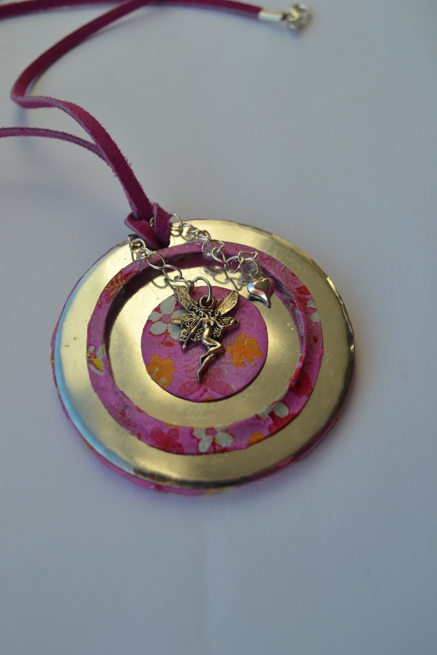 Retro metal and decoupaged wood fairy pendant n... - Folksy