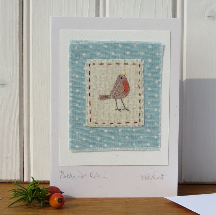 Polka Dot Robin hand-stitched card for Christma... - Folksy
