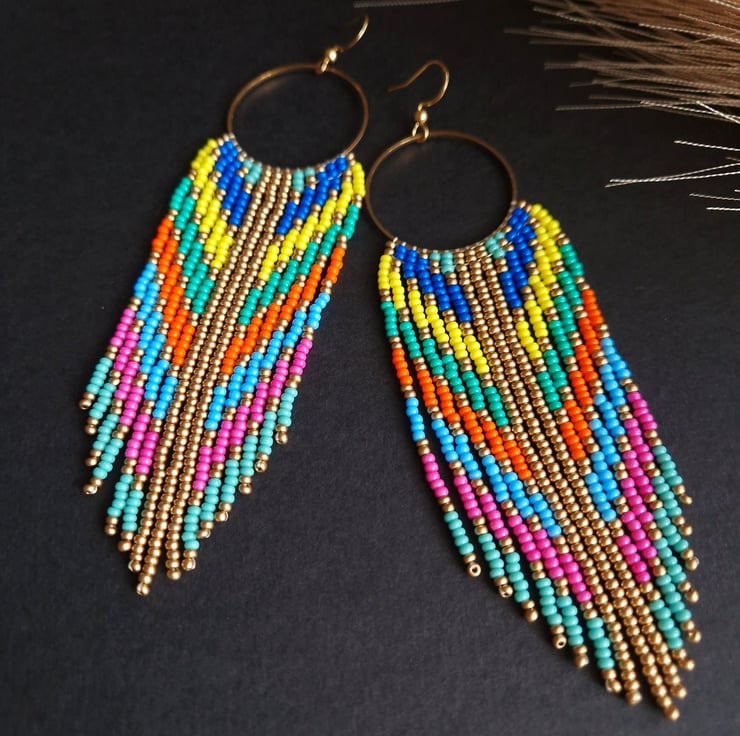 Colourful beaded dangle earrings, long seed bea... - Folksy