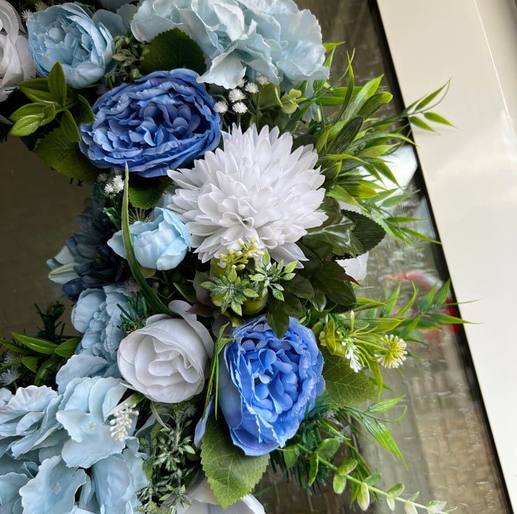 Beautiful blue and white flower door wreath - Folksy