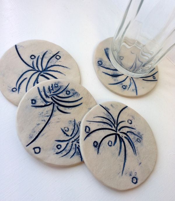 Set of 4 Blue Dandelion Ceramic Coasters - Folksy