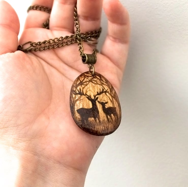 Stag and deer couple in the forest, pyrography ... - Folksy