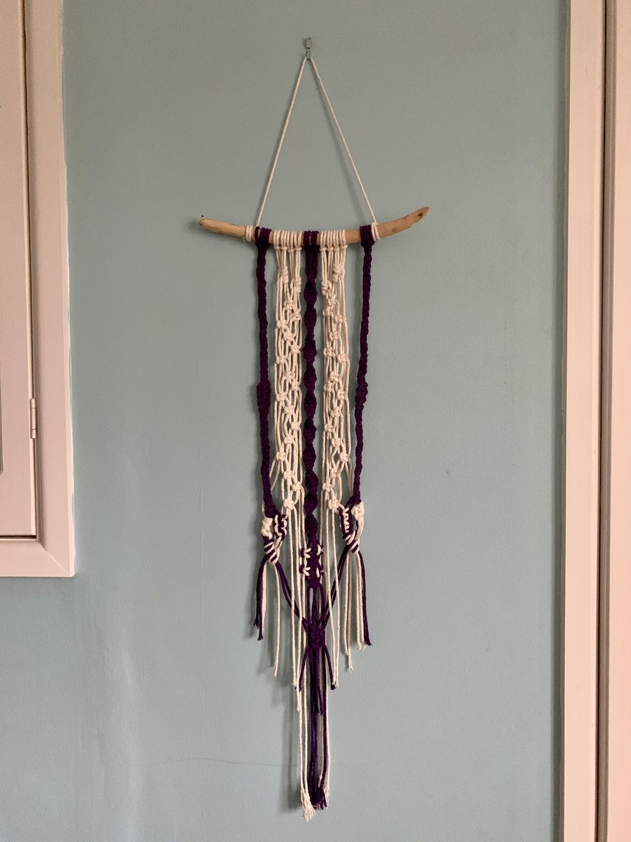 Ivory and purple macrame wall hanging, handmade... - Folksy
