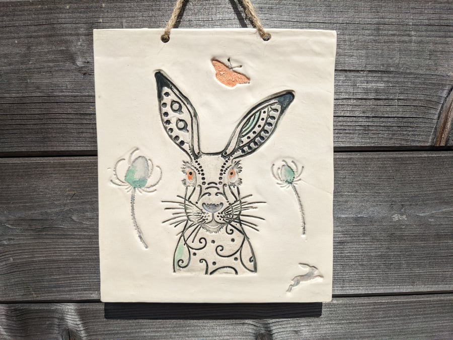 Pottery Hare Tile Wallhanging, Hare and Seed Pods - Folksy