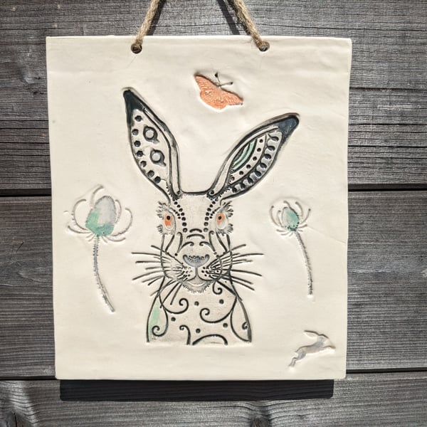 Pottery Hare Tile Wallhanging, Hare and Seed Pods - Folksy
