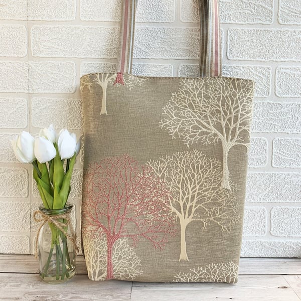 Winter trees tote bag in beige with cream and s... - Folksy