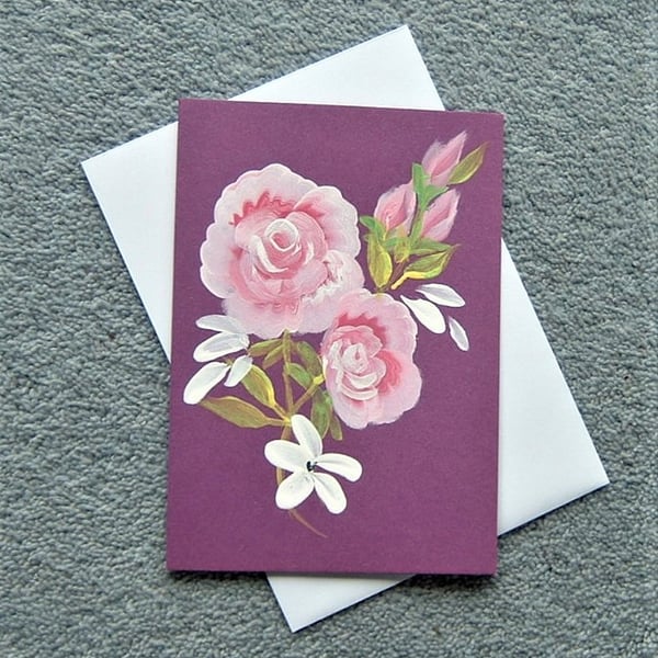 hand painted roses floral blank card ( ref F 151 ) - Folksy