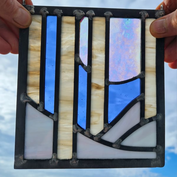 Stained glass birch trees and moon landscape le... - Folksy