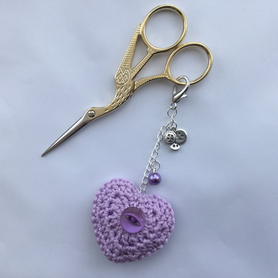 Scissor Keeper Fob with Crochet Heart in Lilac - Folksy