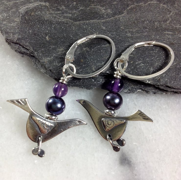 silver blackbird earrings with apatite and amet... - Folksy
