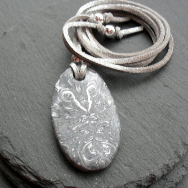 Silver and White Coloured Polymer Clay Pendant - Folksy