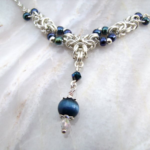 Chainmail Blue Cats Eye Necklace - Folksy