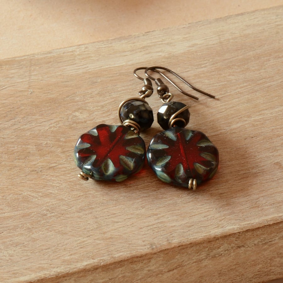 Handmade Red and Black Czech Picasso Earrings - Folksy