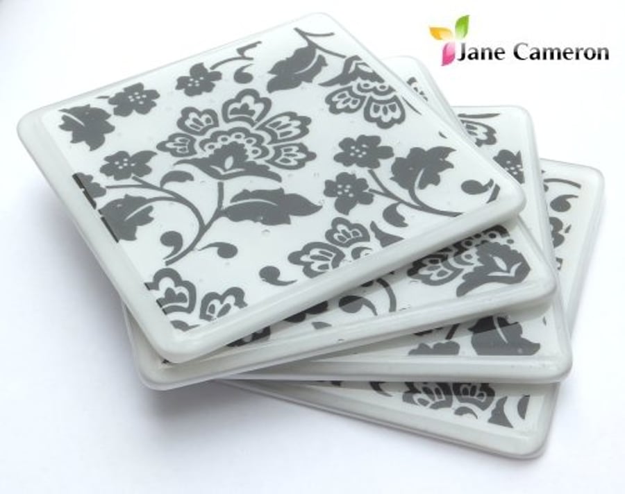 Paisley Coasters - set of 4 - fused glass black... - Folksy