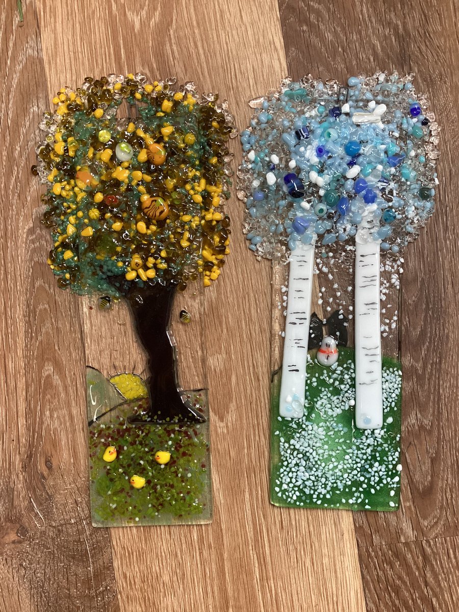 Spring winter fused glass, scenic tree wall panel - Folksy
