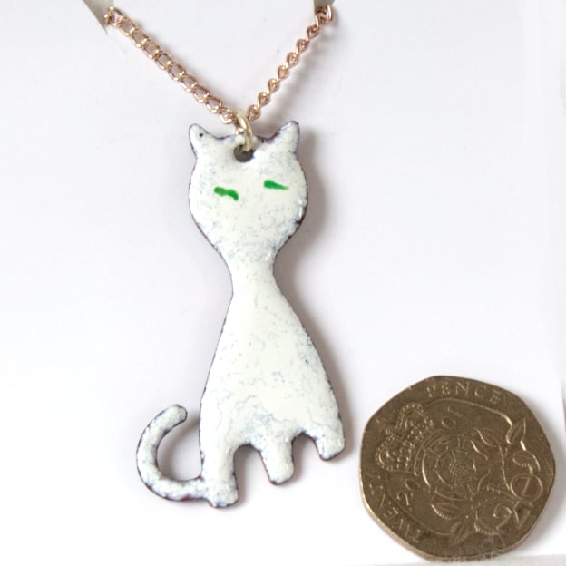 Enamel pendant - white cat - Folksy