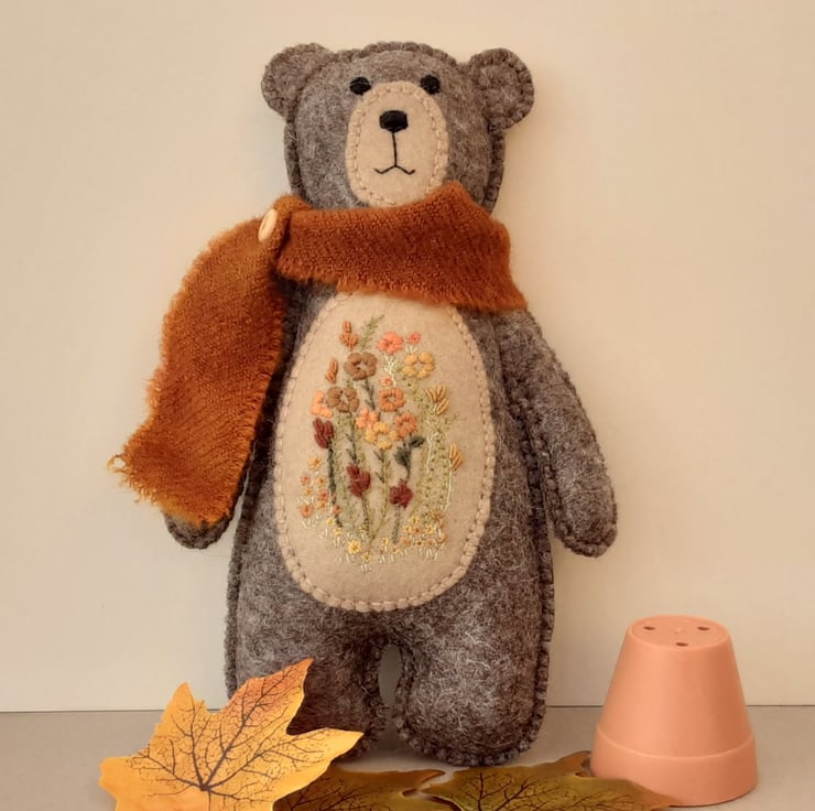 Woodland hand embroidered teddy bear. Unique ke... - Folksy