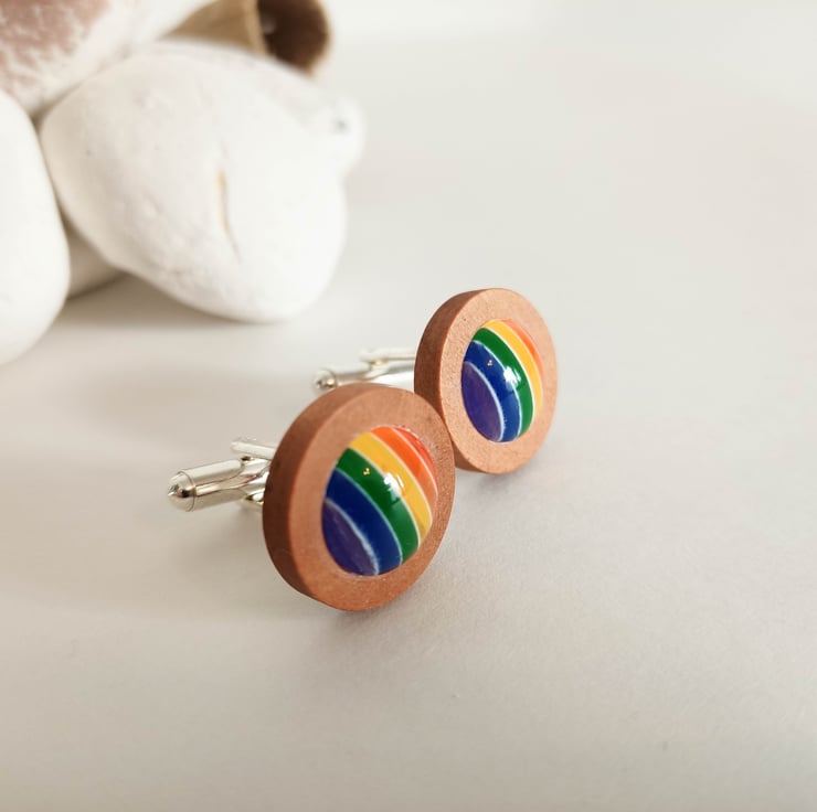 Wood and Rainbow Cufflinks - Folksy