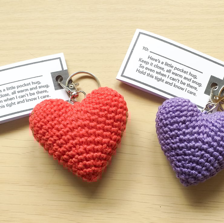 Crochet Heart Keyring, Pocket Hug Keychain, Rai... - Folksy
