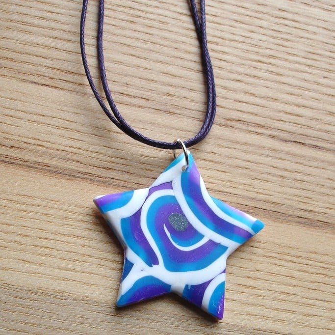 Blue Swirl Star FIMO Polymer Clay Pendant - Folksy