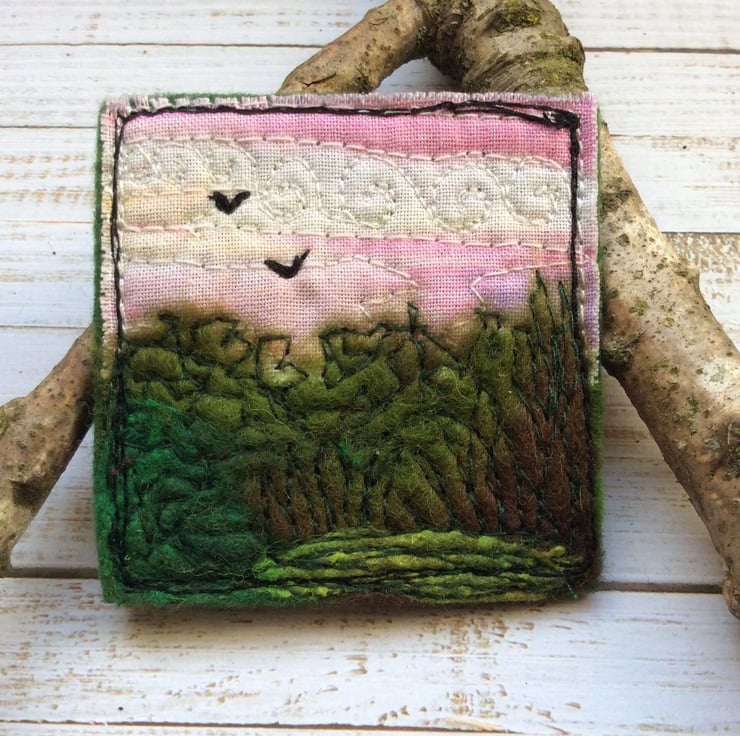 Embroidered sunset landscape brooch pin of badge. - Folksy
