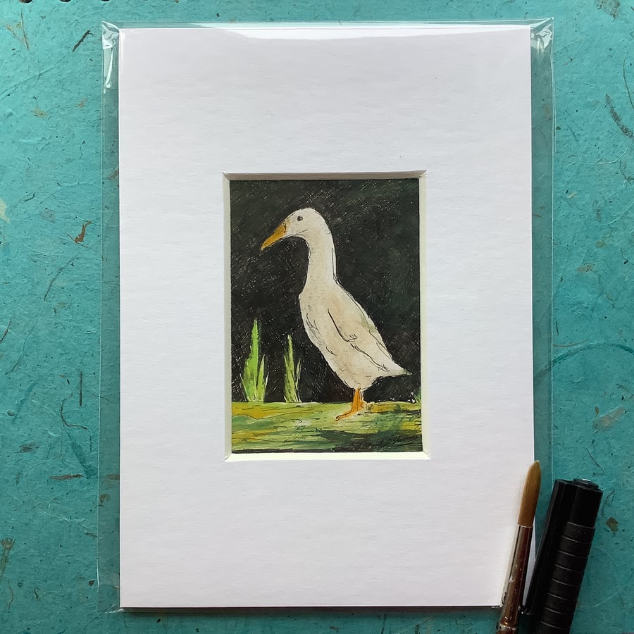 Runner duck - original pen, ink and acrylic. - Folksy
