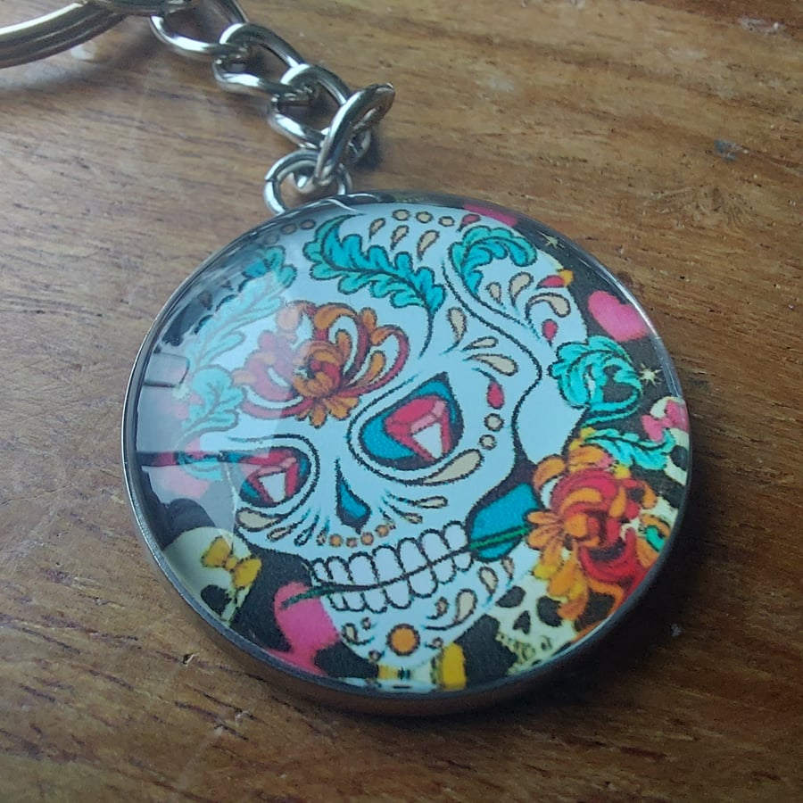 Candy Skull Keyring 25mm Glass Cabochon - Folksy