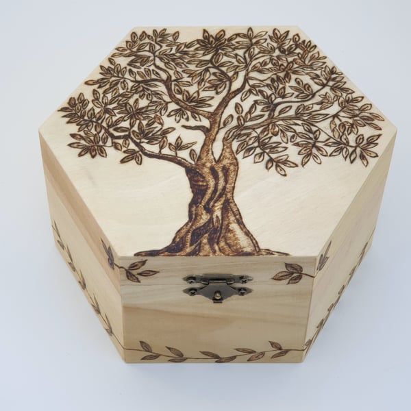 Wooden box with pyrography tree design, decorat... - Folksy