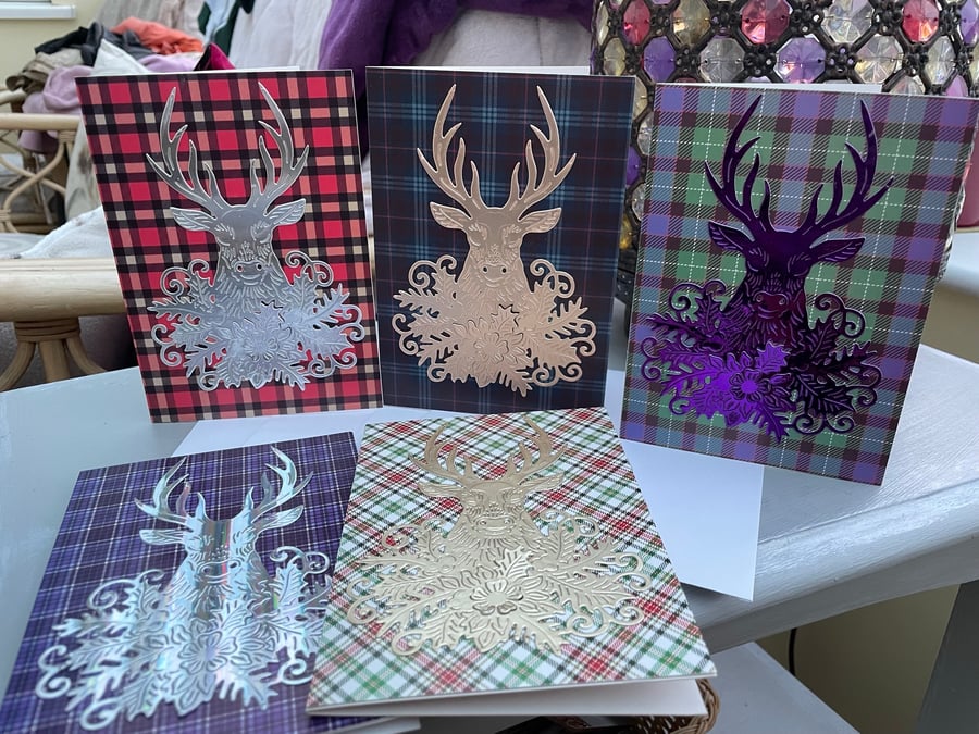 Set of five Stags and tartan christmas cards - Folksy