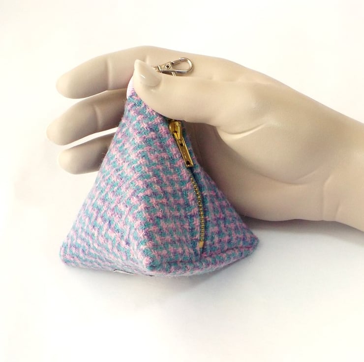 Harris tweed purse pyramid coin purse blue pink... - Folksy
