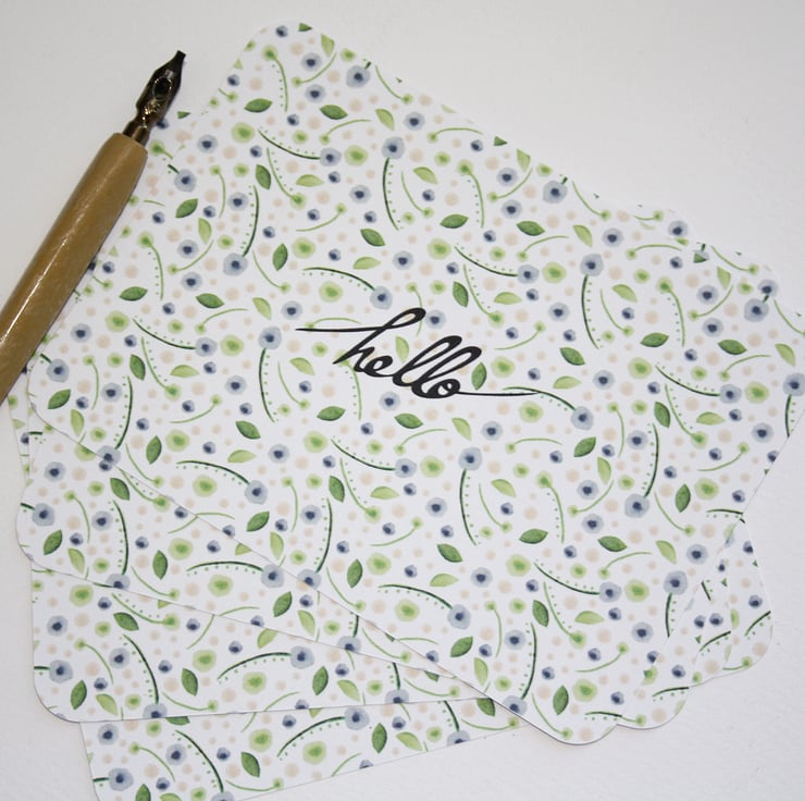 Hello- floral pretty patterned notelet flat car... - Folksy