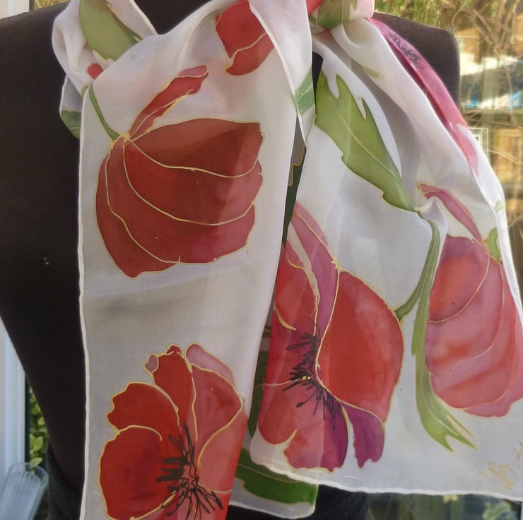Red Poppy hand painted silk scarf size 25 x 150cm - Folksy