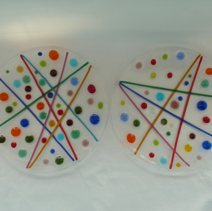 colourful line and dot design fused glass plate... - Folksy