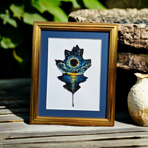 Solar Eclipse- miniature painting on oak leaf - Folksy