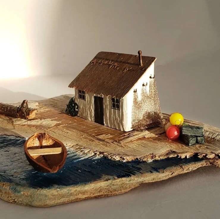 Fishing bothy driftwood house and boat scene. - Folksy