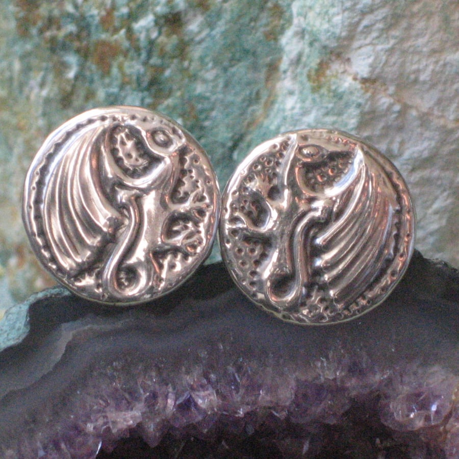 Handmade Silver Pewter Cufflinks, Dragon Design - Folksy