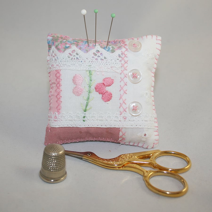 Pink Patchwork Pincushion in Linen and Embroidery - Folksy