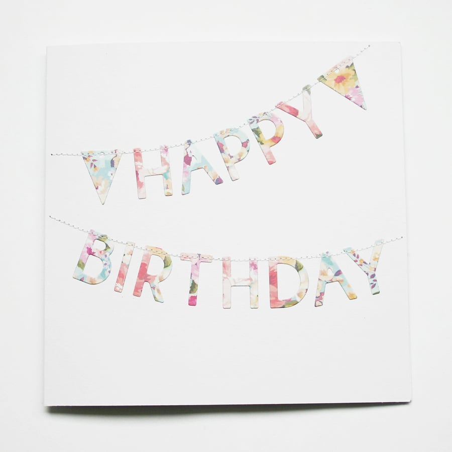 Bunting Happy Birthday card flowers - Folksy