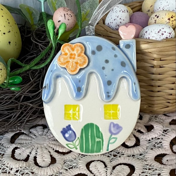 Pottery Easter Egg house decoration blue roof - Folksy