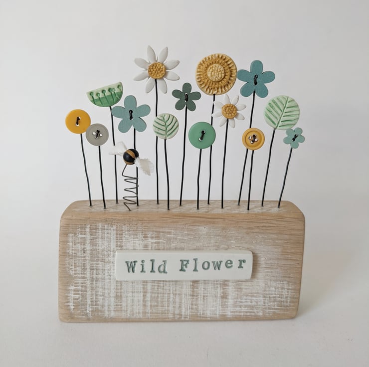 Clay and Button Garden with Bee in Wood Block '... - Folksy