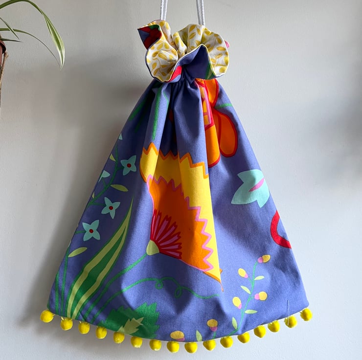 Bright purple floral cotton drawstring bag with... - Folksy