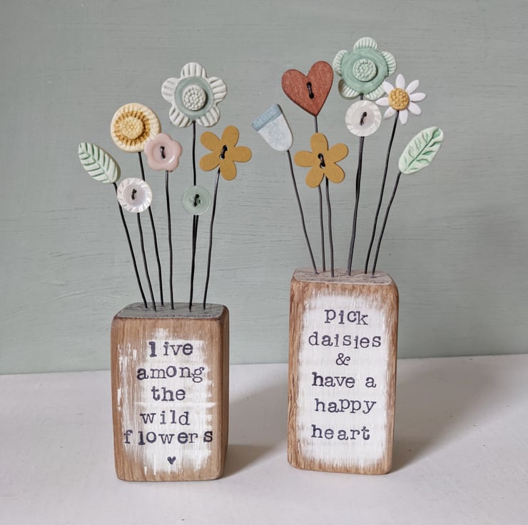 Clay Flower and Button Garden in a Wood Block '... - Folksy