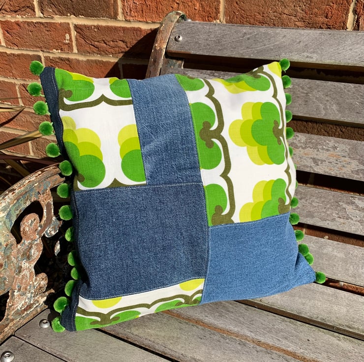 Retro print and reclaimed denim cushion cover - Folksy