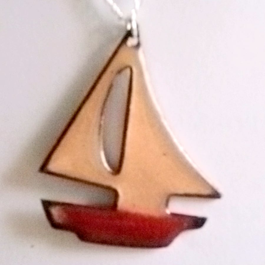 Enamel pendant - boat with red hull and brown s... - Folksy