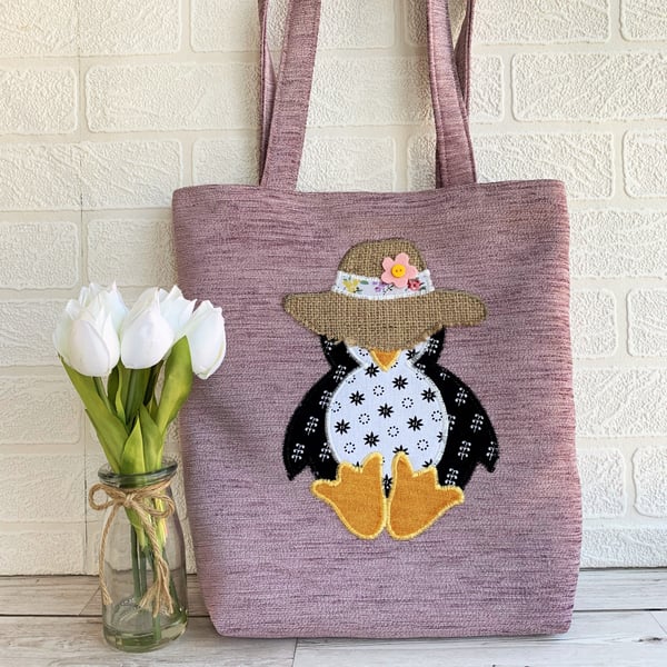Penguin tote bag in lilac with a floral penguin... - Folksy