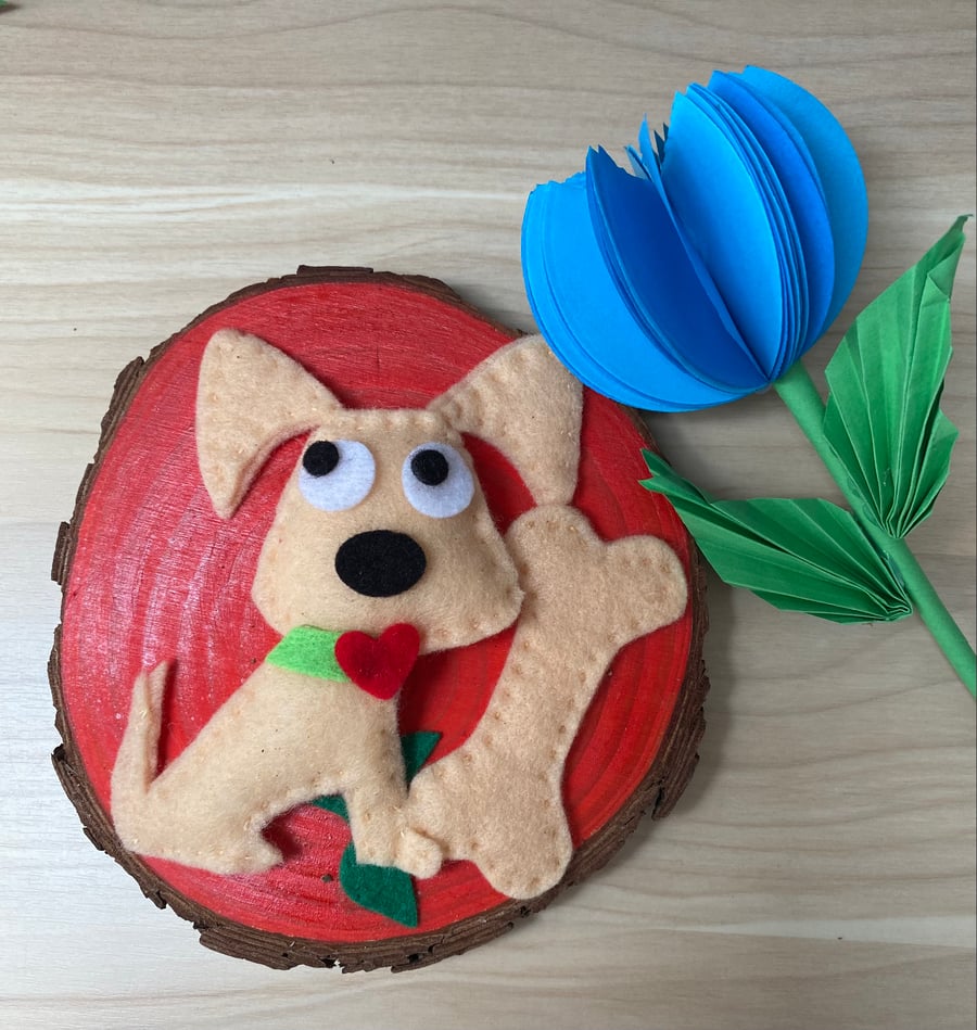 Cutest cream dog and bone wall hanging wood slice - Folksy