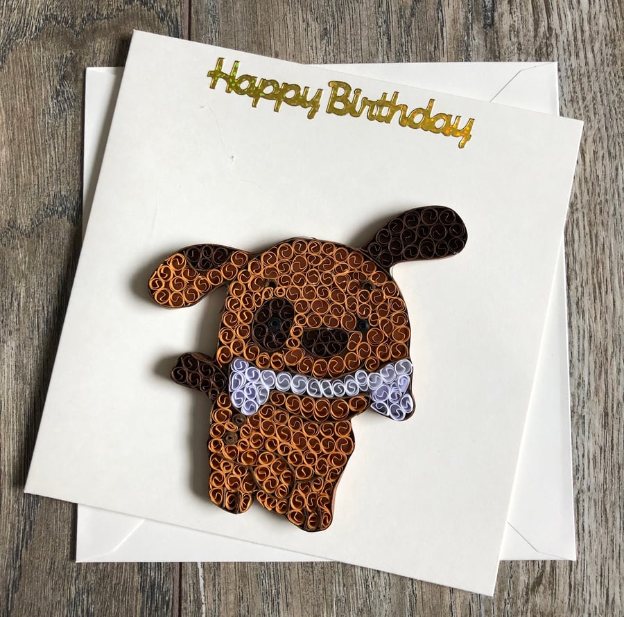 Handmade quilled dog with bone card - Folksy