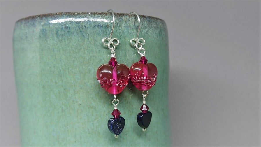 Sterling silver fuschia pink heart earrings - Folksy